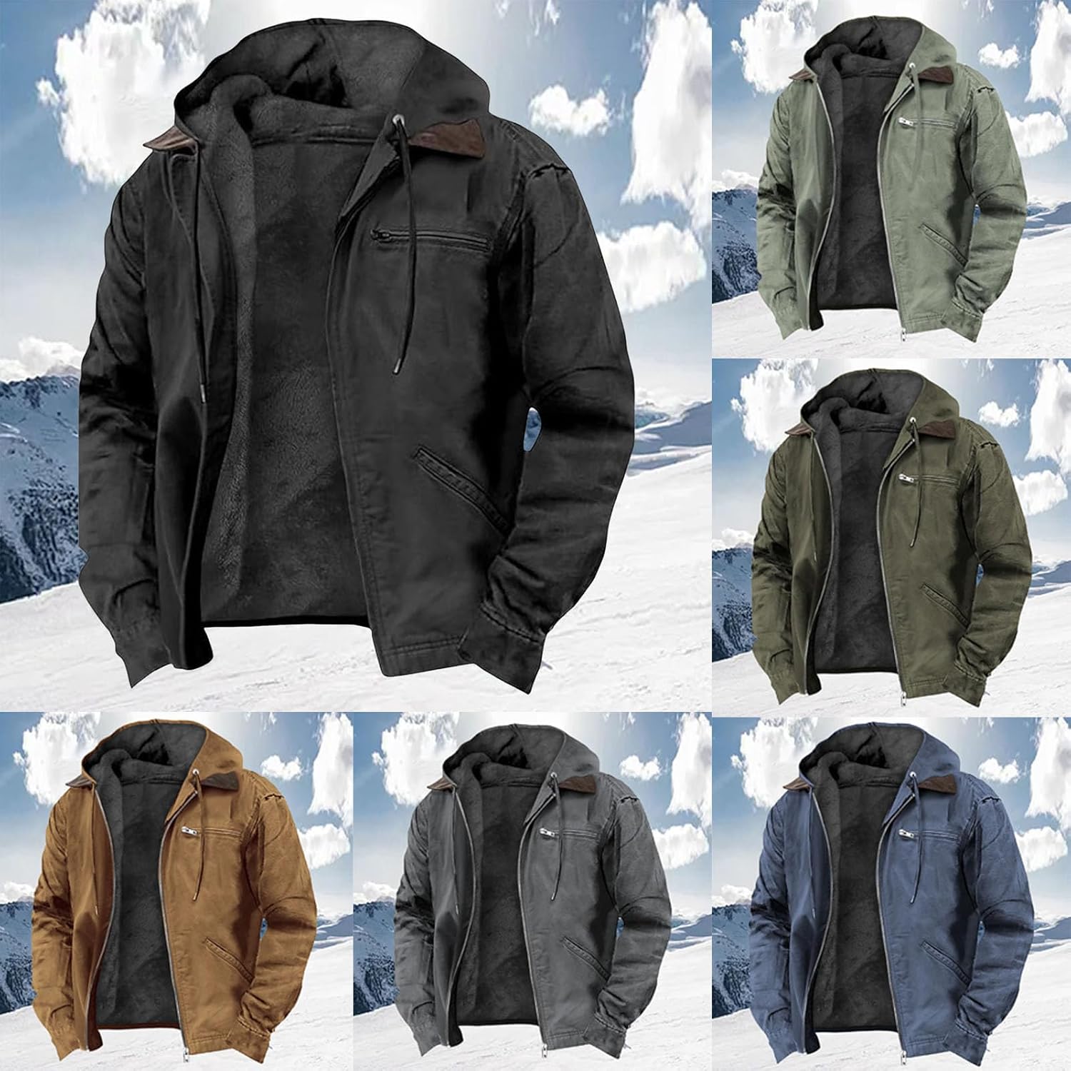 【メンズ 冬服 防寒 フード付き 裏起毛 ジャケット 厚手 柔らかい 撥水 防風 アウトドア カジュアル 登山 釣り｜防風性と保温性に優れた冬用ジャケットで、アウトドアや日常使いに最適です。】 概要説明：防風性のある表地と柔らかく密度の高い...
