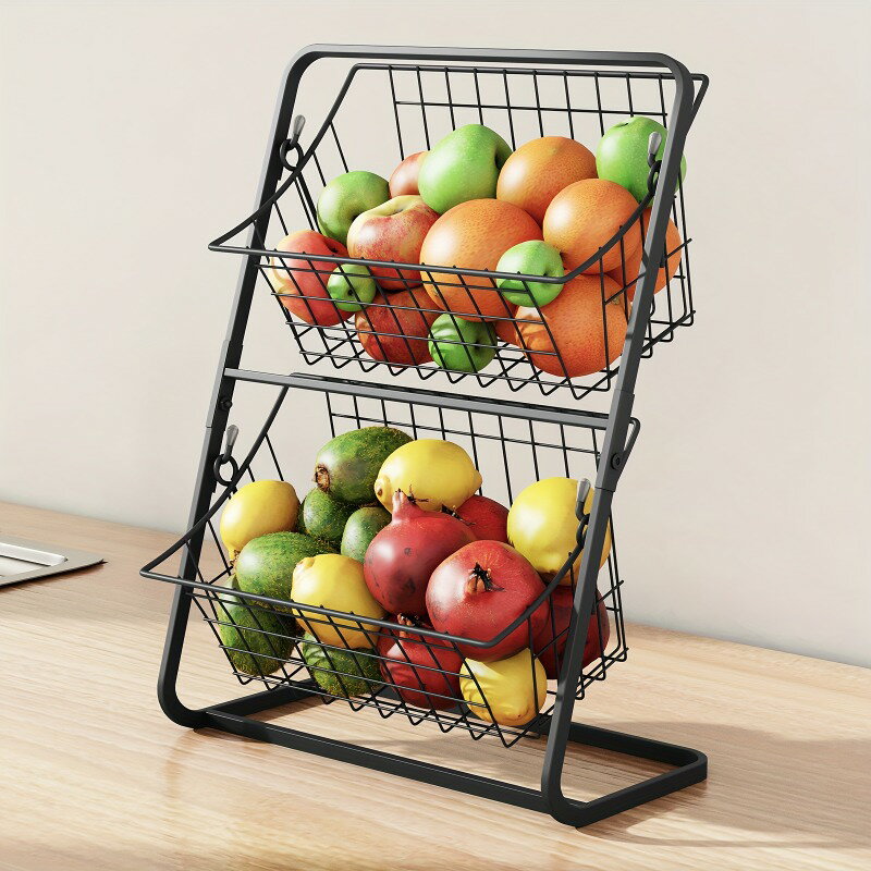 【フルーツ収納ユニット バスケット付き2段式 キッチンカウンター用 野菜や果物の整理に最適 モダンデザイン 大容量 多機能 通勤帰りの買い物後もサッと収納 日常使い レディース＆メンズ向け 送料無料｜野菜・フルーツを美しく整頓！バスケット付...