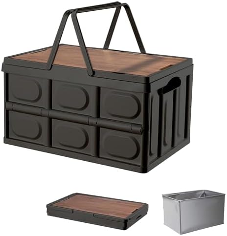 【キャンプ用品 折りたたみ収納ボックス 大容量35L 軽量 ブラック キャンプ用 車載収納 防水バッグ付き 組立簡単 耐荷重25kg 木製蓋付き 持ち手付き｜キャンプや日常の収納に最適！軽量で耐久性抜群の多機能収納ボックス】 概要説明：キャ...