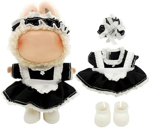 【ラブブ用スタイリッシュブラックメイド服 キャップ付き3点セット プレミアム素材 高品質 人形ファッションアクセサリー｜人形愛好家必見！おしゃれで高品質なラブブ用メイド服セットが登場！】 概要説明：6.7インチのラブブ人形用にデザインされた...