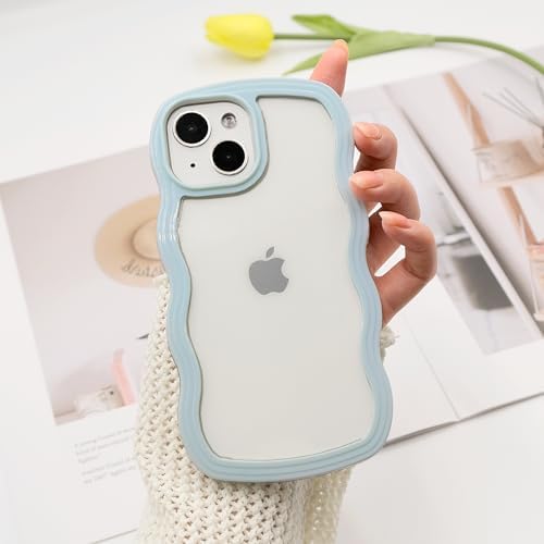 【iPhone 15 ケース ウェーブ デザイン おしゃれ 韓国 かわいい 透明 薄型 耐衝撃 女性用 人気 ストラップホール付き ケース ワイヤレス充電対応 ライトブルー｜かわいらしいウェーブデザインで、日常使いにも最適！女性に人気のiP...
