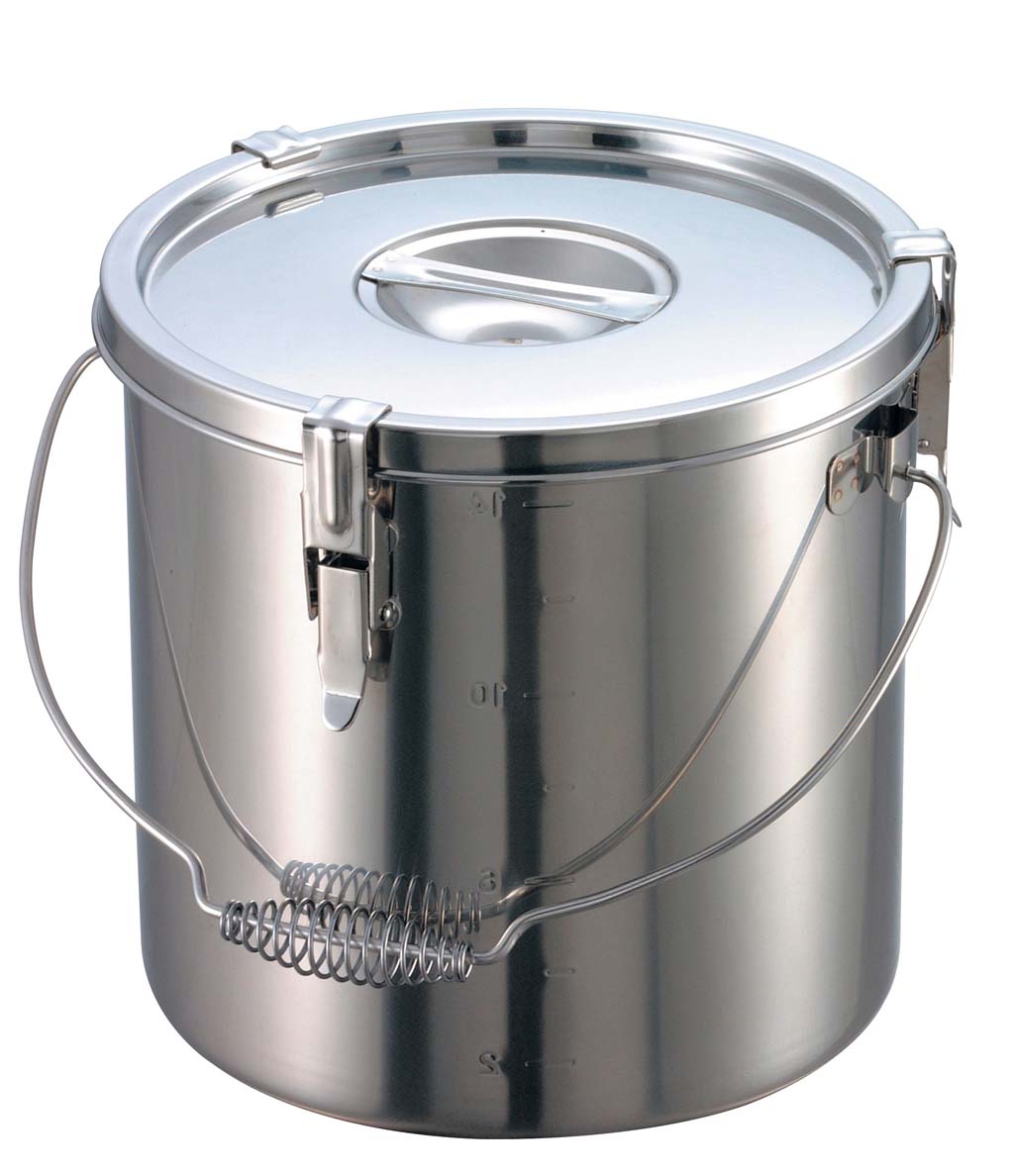 ●サイズ●内寸φ270×H270(mm)●重量：2.8kg●容量：15L●板厚：0.8(mm)●材質18-8ステンレスシリコンゴム●耐熱・耐冷温度：パッキン-100〜250℃●フック：3箇所●目盛り:2L刻み(2〜14L)●数字刻印:2/6...