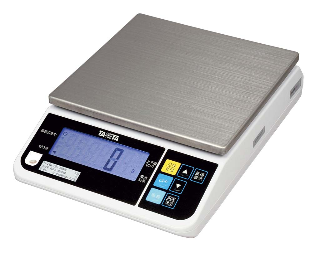 ●型番：TL-280●サイズ238×352×H87(mm)皿：230×230(mm)●重量：3kg●測定・調節/温度範囲/能力等ひょう量：15kg●電源：単2乾電池×6またはACアダプター●最小表示：5g●零点リセット機能●風袋引、連続風袋...