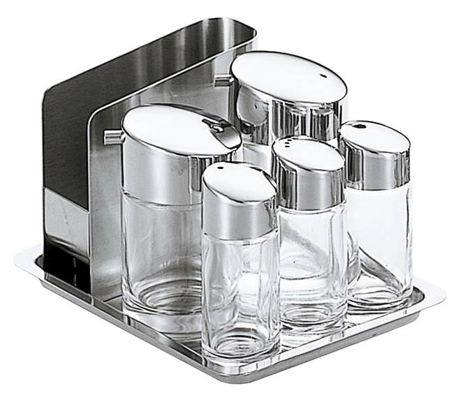 ●サイズ160×120×H104(mm)ナフキン立：95×35×H98(mm)●重量：900g●材質18-8ステンレスガラス●ソースさし、正油さし、塩入れ、コショウ入れ、楊枝入れ、ナフキン立※商品画像はメーカー提供の代表画像を使用しておりま...