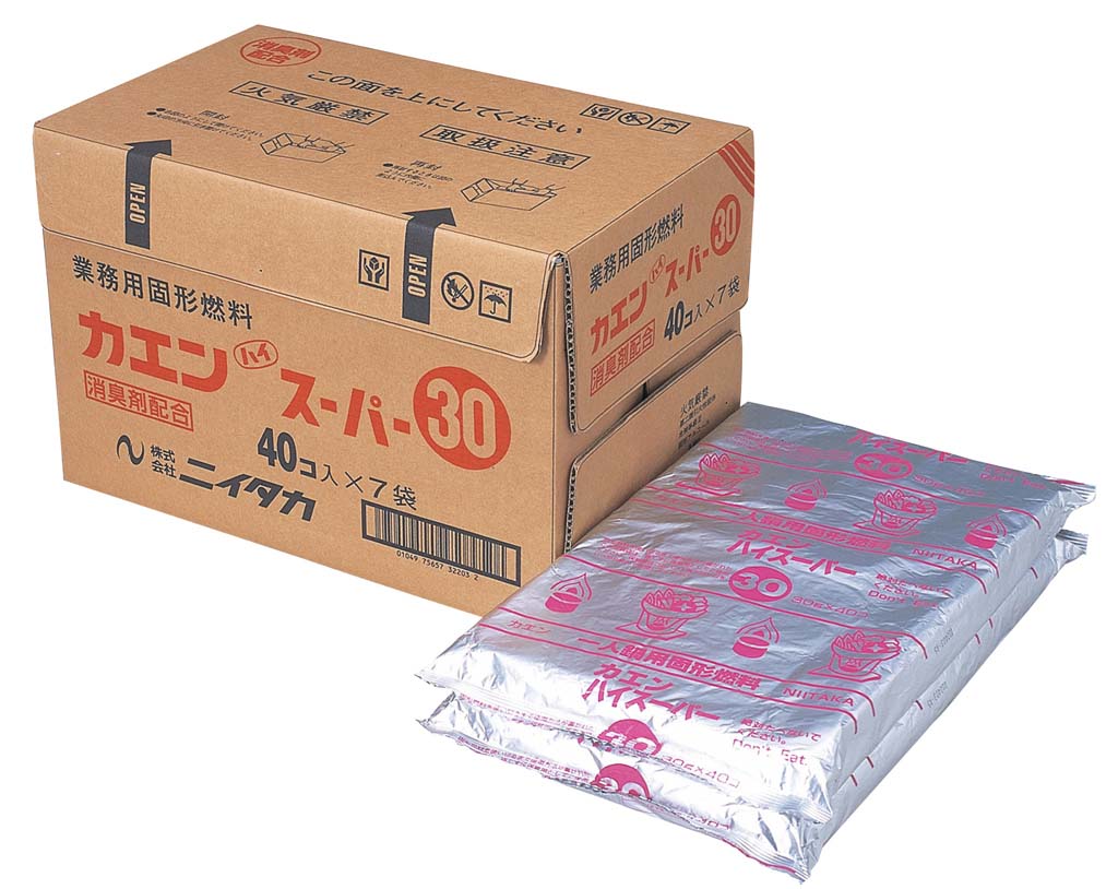 ●重量：30g●燃焼時間：約19〜26分●使用例：あきらめていた火の通りにくい食材にも安心してご使用いただけますので料理の幅が広がります。●40個×7袋入●消臭剤配合で燃焼時の不快な臭いをおさえます。●乾燥を防ぐため40個単位でアルミの包装...