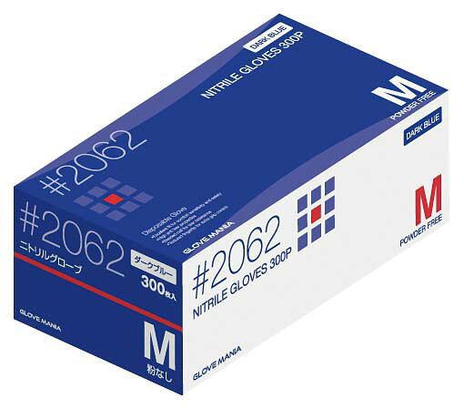●型番：2062●サイズ全長：230(mm)手の平まわり：86(mm)中指の長さ：81(mm)●重量：2.6g●板厚：60μ(mm)●材質ニットリルゴム●製造生産国：マレーシア●食品衛生法適合商品●エコノミータイプ●パウダーフリー●粉なしタ...