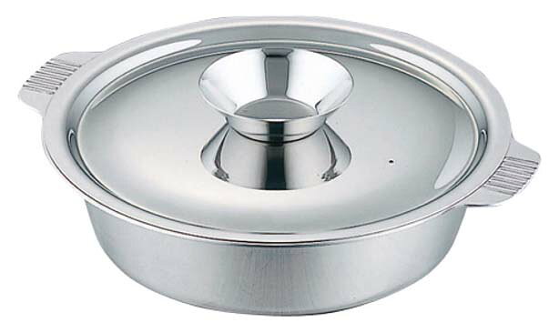 ●サイズφ295(mm)底径：215(mm)●内寸φ264(mm)深さ：68(mm)●重量：2.1kg●容量：3L●板厚：2.0(mm)●材質NBステンレス●電磁調理器：200V●NBステンレス使用。(18-8ステンレス同等の耐食性がありま...