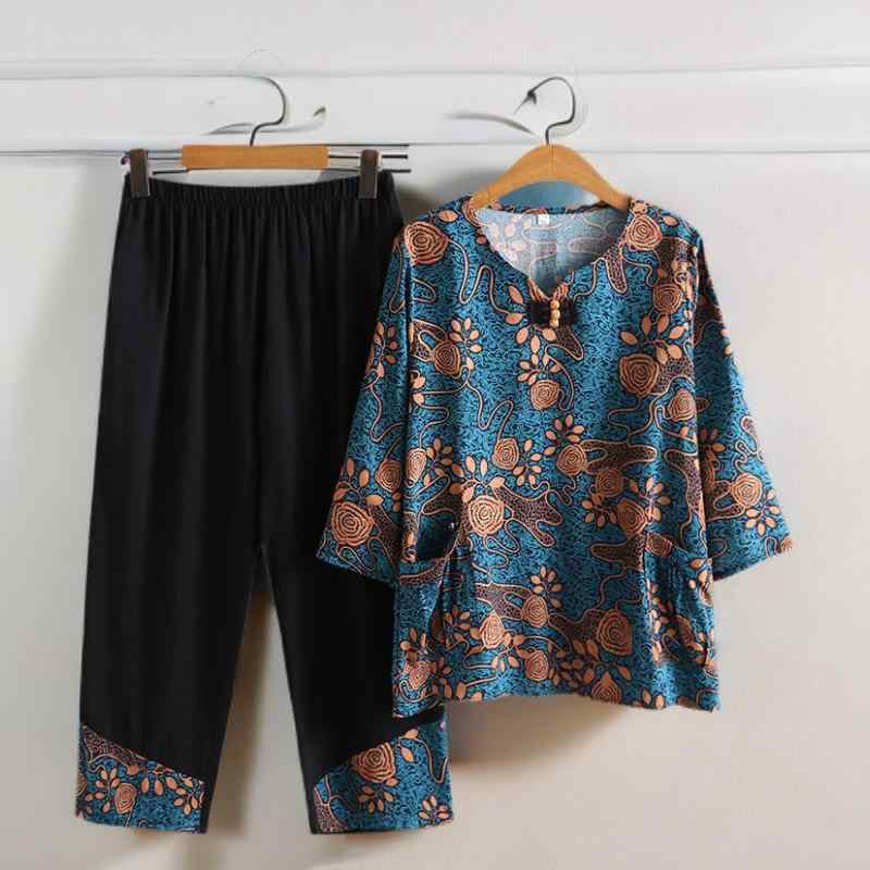 ・カテゴリ: カジュアルセット・スタイル: 民族風レトロ・主な素材: 綿シルク・素材成分: ビスコース95%以上・袖型: パフスリーブ・袖丈: 七分袖・パンツ丈: ロング・装飾: ボタン・柄: 花柄・カラー展開: 赤バラ柄、赤扇子花柄、緑葉...