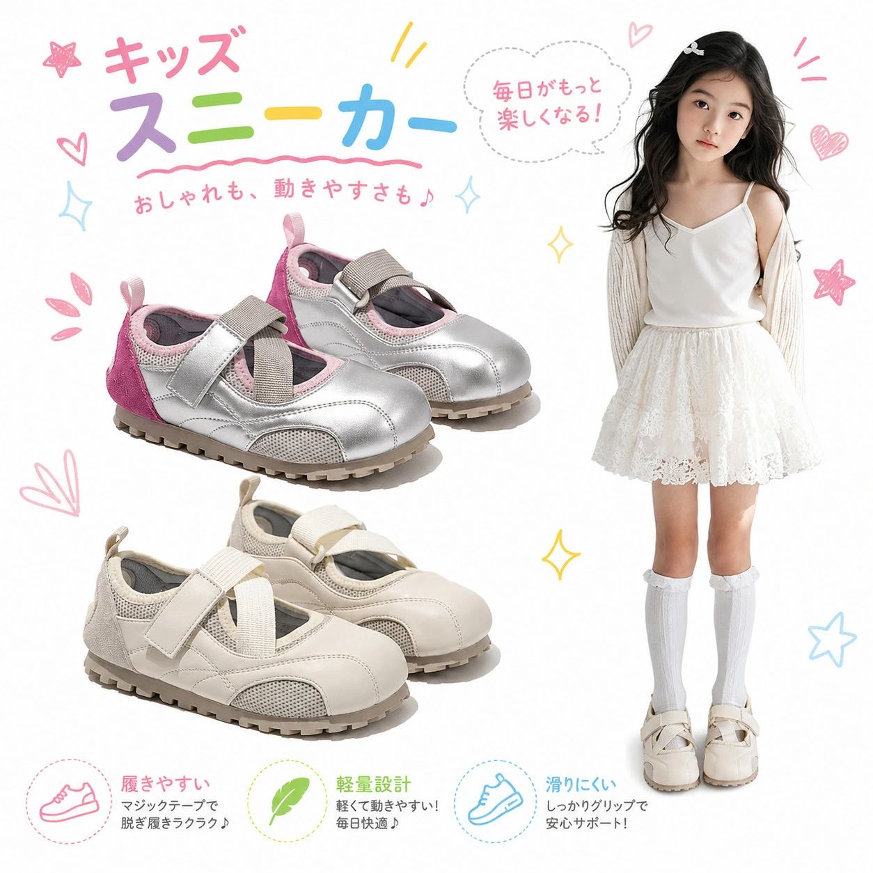 商品詳細ジュニア スニーカー サンダルは、子供たちの活発な毎日に最適な一足です。軽量設計により、長時間の使用でも快適さを保ちます。マジックテープで簡単に着脱できるため、小さなお子様でも自分で履くことができます。滑りにくいソールがしっかりとし...