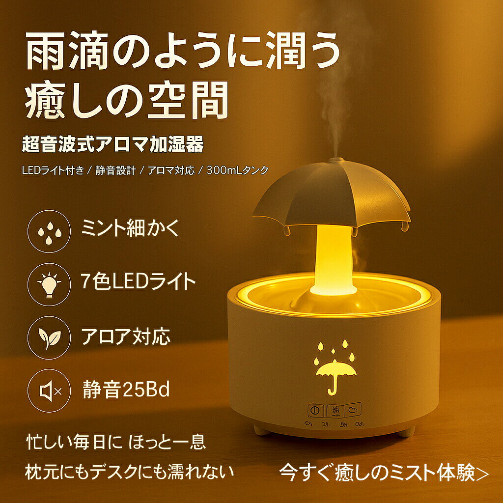 【仕様】タンク容量：300mL騒音レベル：約25dB電源：DC24Vタイマー設定：2h／4h／8h対応アロマ：水溶性精油サイズ：約13×13×15cmカラー：ホワイト／ブラック付属品：リモコン、ケーブル、取扱説明書