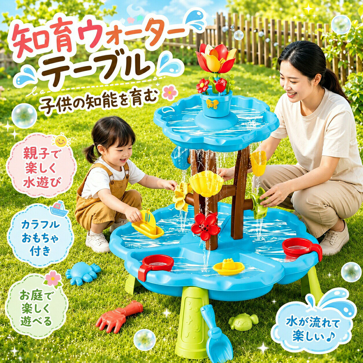 花型 2 層知育ウォーターテーブル【商品特徴】【2 層花型設計、滝のようなインタラクティブな水流仕掛け】上下 2 段の花びら型プレートが特徴。上段の花植えポットにじょうろで水を注ぐだけで、各種花貝殻カップの仕掛けから水が連続して落下。水の流...