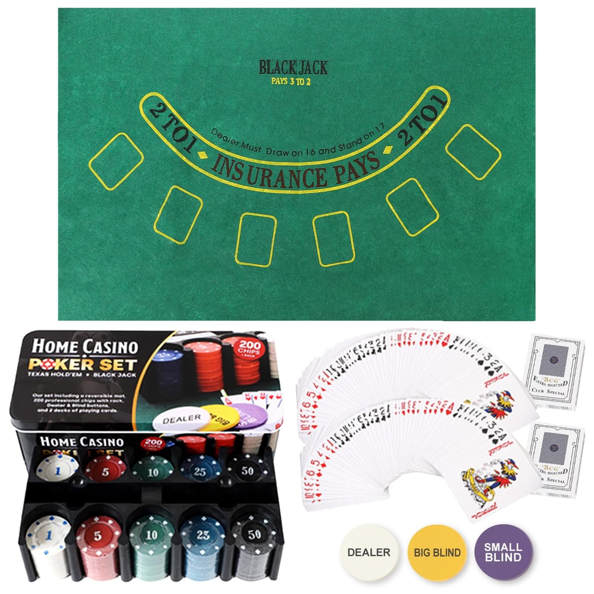 ✅こちらの商品はポーカーフルセットです。チップ＝200枚（各5色：40枚）トランプ＝2パック プレイマット＝1枚（ポーカー、ブラックジャック使用可能） DEALERボタン＝1枚 BIG BLIND=1枚 SMALL BLIND=1枚　一式揃...