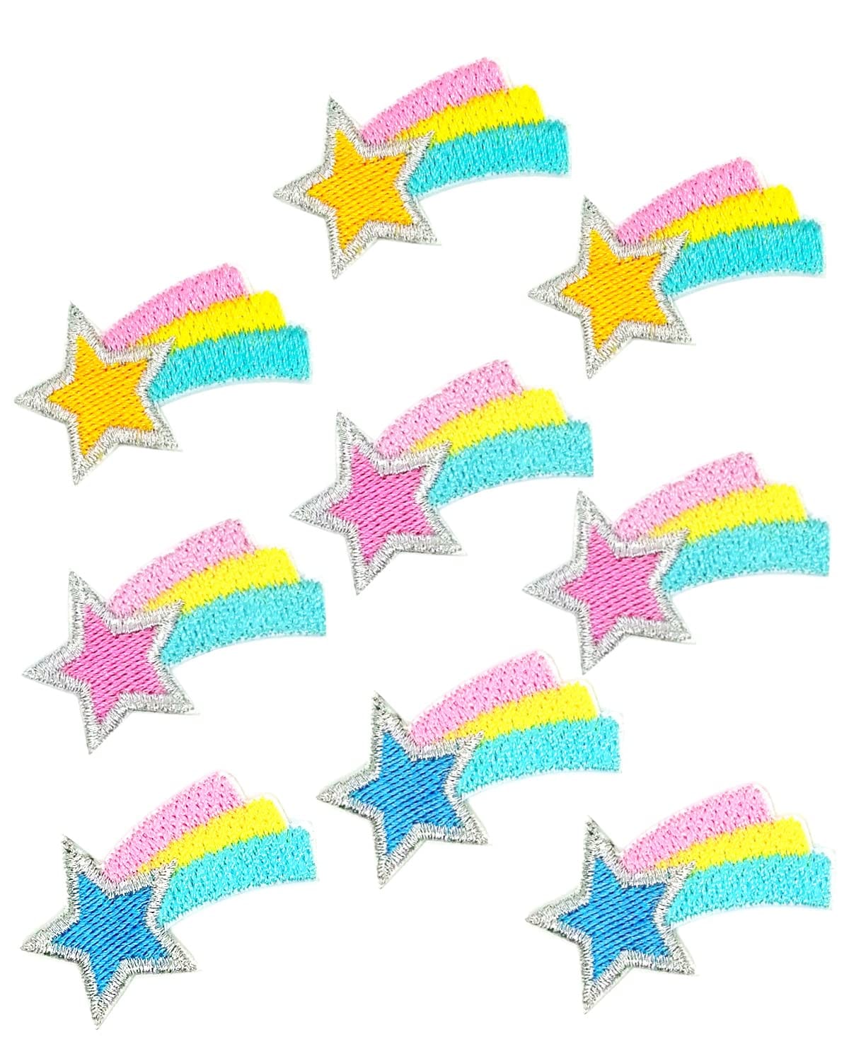 女の子向けデザインのワッペン。シルバー縁取り刺繍がキラキラ可愛いアイロンワッペン。カラフルできれいな流れ星型。使い勝手が良い小さめのミニサイズのワッペンをお探しの方に。高さ2cm2mm。入園入学準備に。スモック・カラー帽子・レッスンバッグ・...