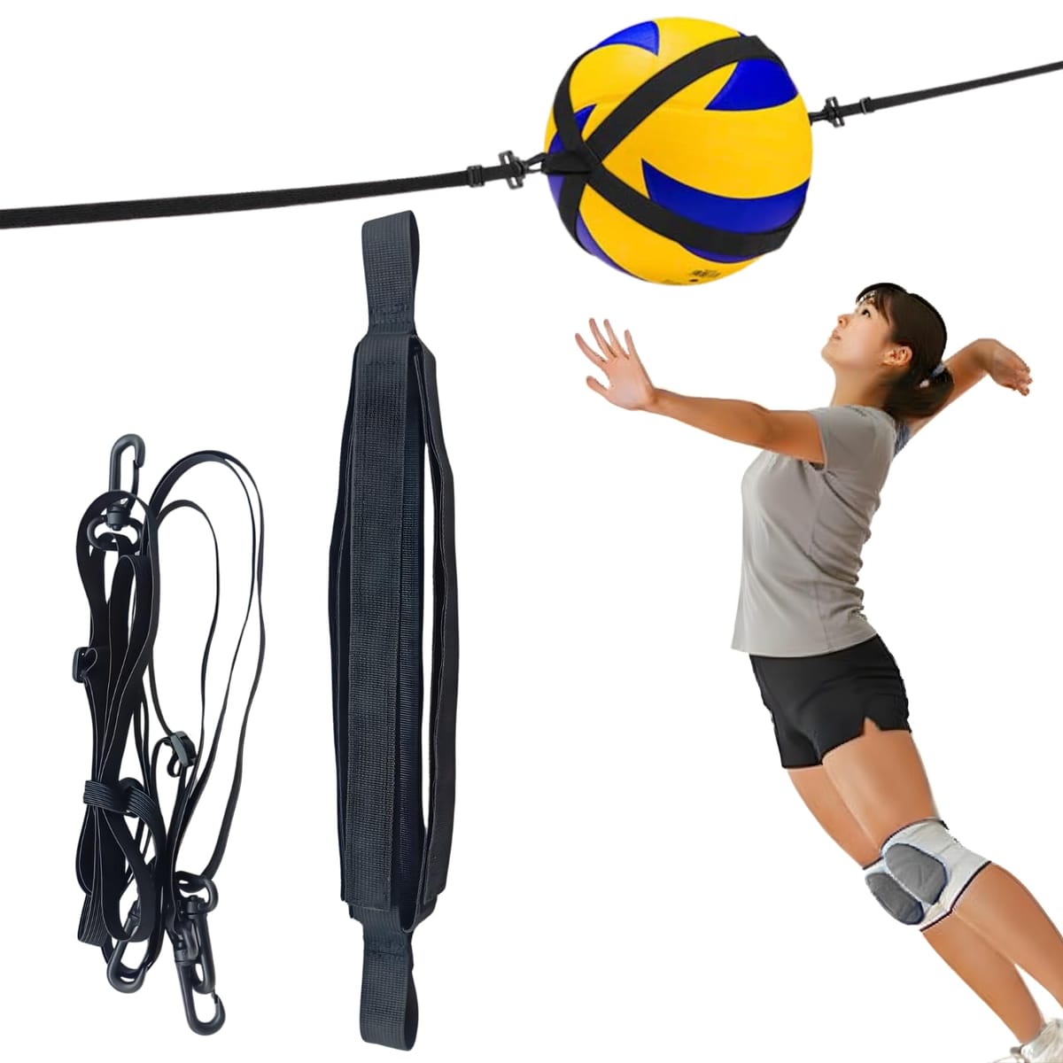 【バレーボールの練習用に】アタック、ジャンピングサーブ、トス、レシーブなど場所を選ばずに一人でバレーの練習ができます。【ラクラク取り付け】4号球、5号球対応。ボールにマジックテープで固定するだけの簡単取付です。両端はポールなどに固定してくだ...