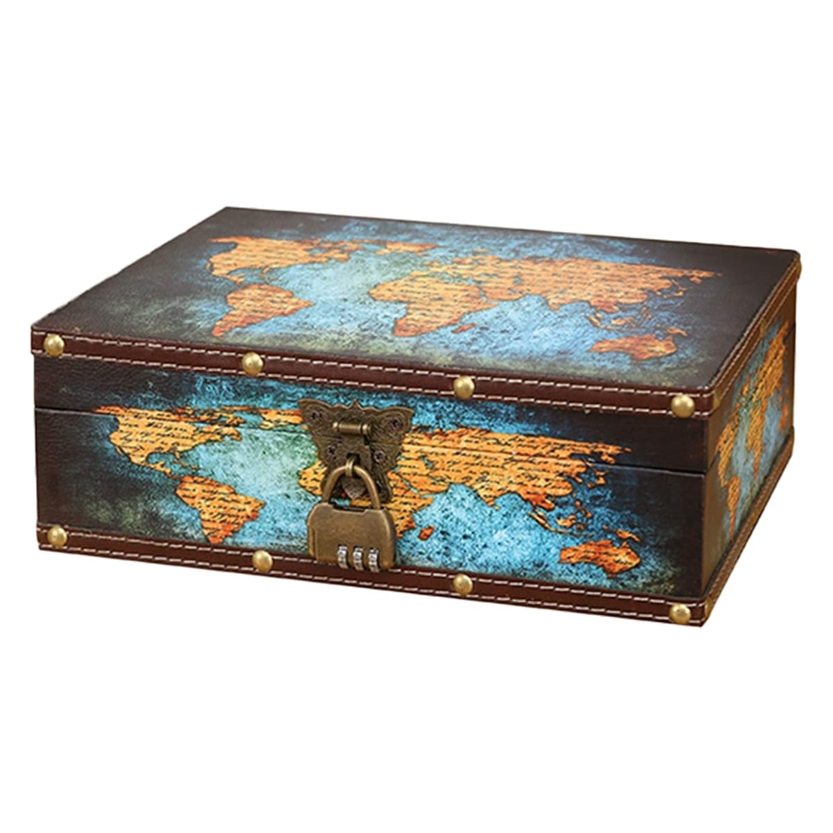 世界地図柄が施されたアンティークでおしゃれな木製トランクケース。約23cm×16.5cm×9.5cmのサイズで、ジュエリーボックスや宝石箱、小物をまとめる収納ボックスとして活躍する小箱です。鍵付きでプライバシー保護に使えるしっかりとした蓋付...