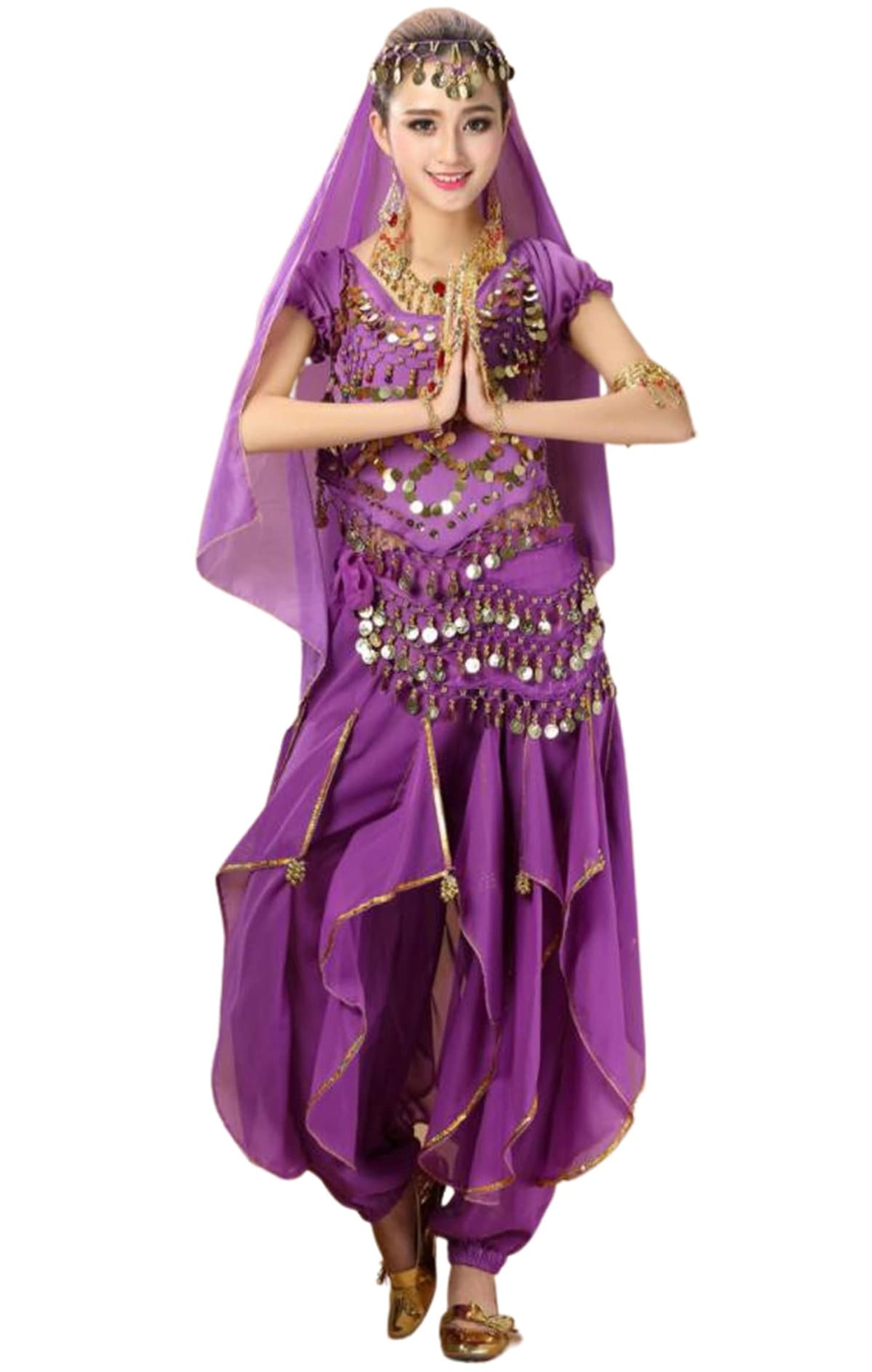 アクセサリー付きベール・トップス・アクセサリー付き腰巻スカーフ・パンツスカートの4点セットです。ハロウィンやパーティー、宴会や二次会など様々なイベントにぴったりの煌びやかなコスプレ衣装です。アクセサリー付きのキラキラした衣装で華やかさがあり...