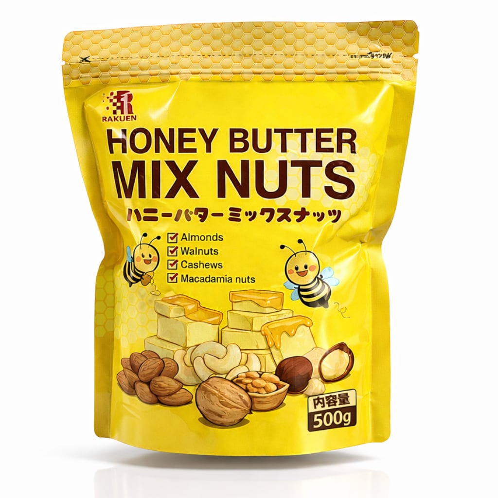 ハニーバターミックスナッツ 業務用500g （アーモンド/くるみ/カシューナッツ/マカデミアナッツ/おやつ/おつまみ） 病みつきになる美味しさ ついつい手が出る、病みつきの美味しさ アーモンド、くるみ、カシューナッツ、マカデミアナッツの4種...