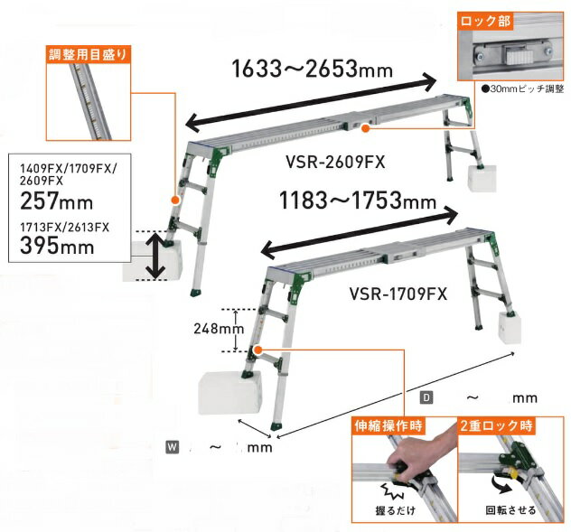 【商品特徴】 ・伸縮天板・伸縮脚付足場台！ 　作業スペースに合わせて奥行・高さが調整できます。 ・伸縮脚部分の高さ調整は最大395mm（VSR-2613FXの場合） ・天板の寸法が236mmx1633mm～2653mmです。 　（VSR-2...