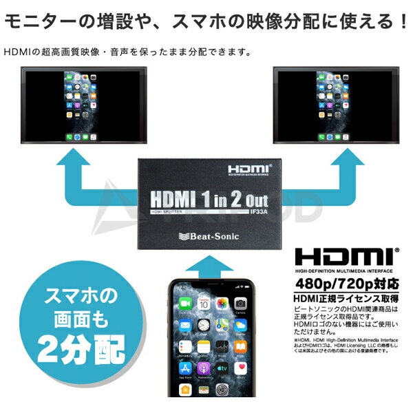 商品特徴 ・HDMIの高画質映像・音声を保ったまま分配できます。※1 ・本製品では解像度を480pまたは、720pに固定して出力します。 ・電源回路を内蔵しているため、車の12Vもしくは24Vに直接接続できます。 ※1:分配はソースとなる機...