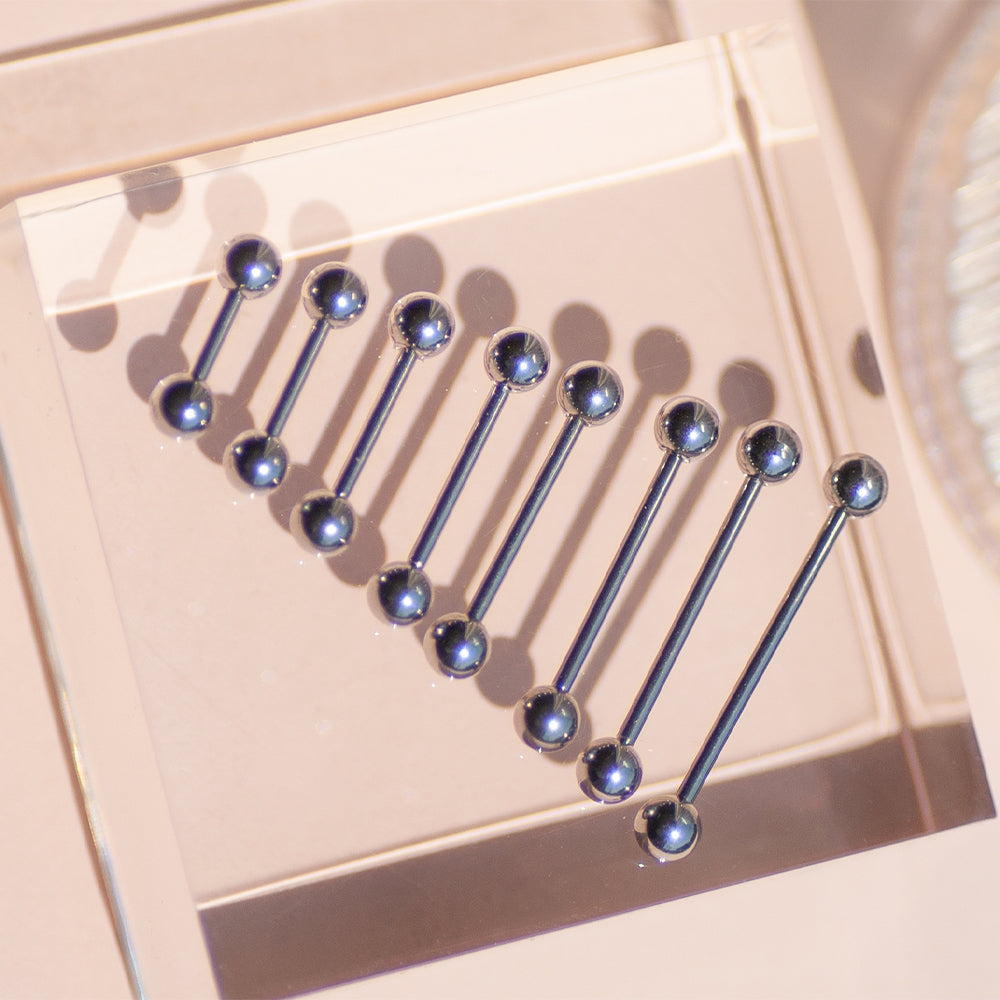 MATERIAL :サージカルスチール SIZE: ボール - 約4mm バーの太さ-1.2mm(16G)/1.6mm(14G) バーの長さ-6mm、8mm、10mm、12mm、14mm、16mm、18mm、20mm PRODUCT CON...