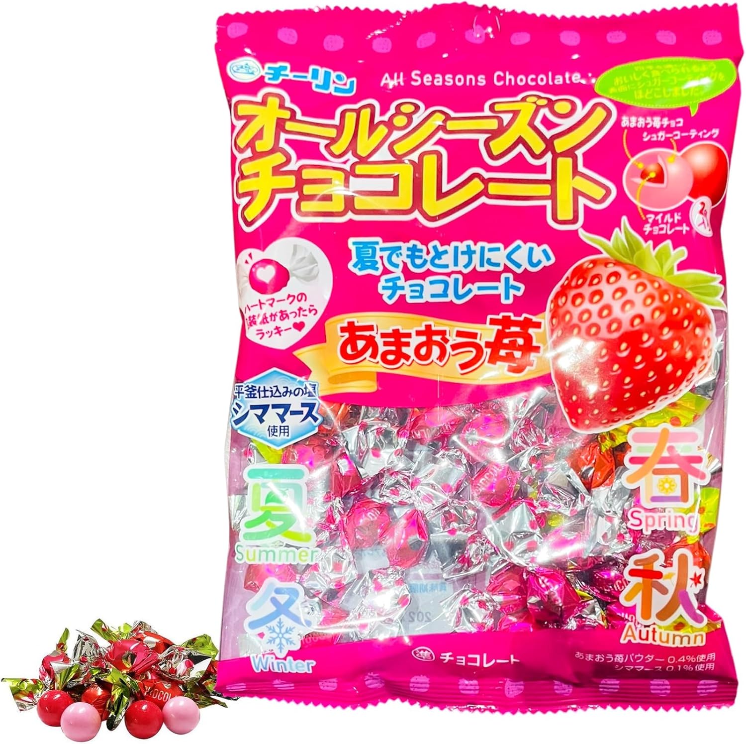 商品の説明 オールシーズンチョコ あまおう苺 原材料・成分 砂糖（国内製造、タイ製造）、乳糖、全粉乳、ココアバター、脱脂粉乳、植物油脂、カカオマス、ココアパウダー、苺パウダー（デキストリン、砂糖、苺ピューレ）、でん粉、食塩、でん粉分解物／増...