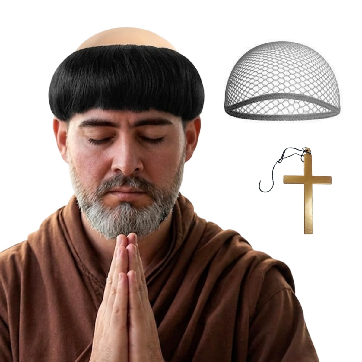 【簡単変身3点セット】 ザビエル風ウィッグ、専用ヘアネット、そして十字架の3点がセットになっています。届いたその日にすぐ、ハイクオリティな変装が可能です。【こだわりの耐熱ファイバー素材】 毛髪部分には高品質な耐熱ファイバーを使用しており、テ...