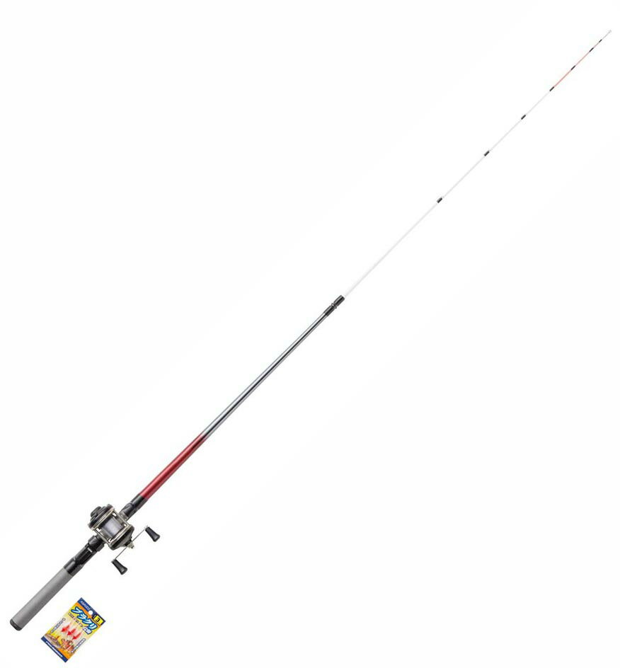 初めての釣りにオススメ！ 振出・誰でも手軽に穴釣りを楽しめる、ロッド＋リール＋ブラクリ仕掛のお手軽入門セット 全長（m）:0.90 継数:2 仕舞（cm）:50 自重（g）:54 先径/元径（mm）:1.1/18.8 適合錘：1-10号 カ...