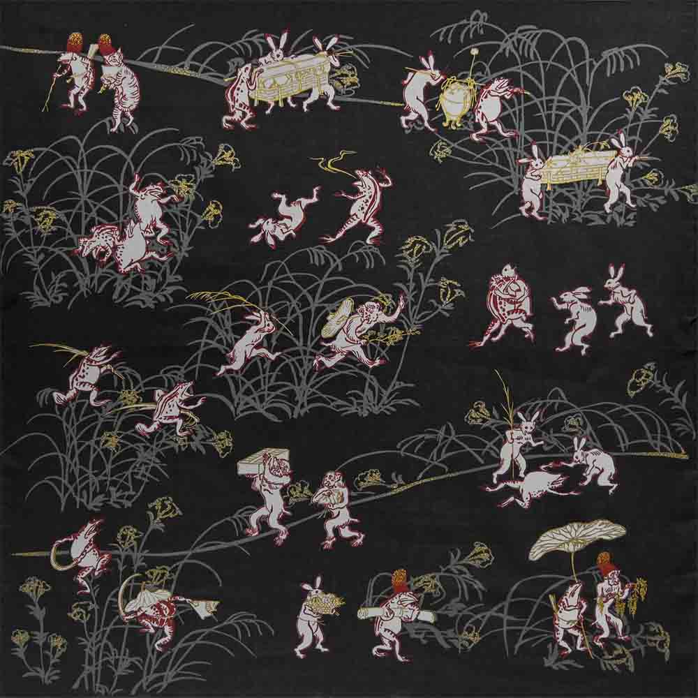 商品名：鳥獣戯画ふろしき　悠遊戯画 品質　　／綿100％（バッキンガム） サイズ　／約97cm幅 日本最古の漫画と称される鳥獣戯画。 独特な表現とストーリー性、 またユーモアを感じさせるかわいらしく、 親しみやすいキャラクターは日本国内外で...