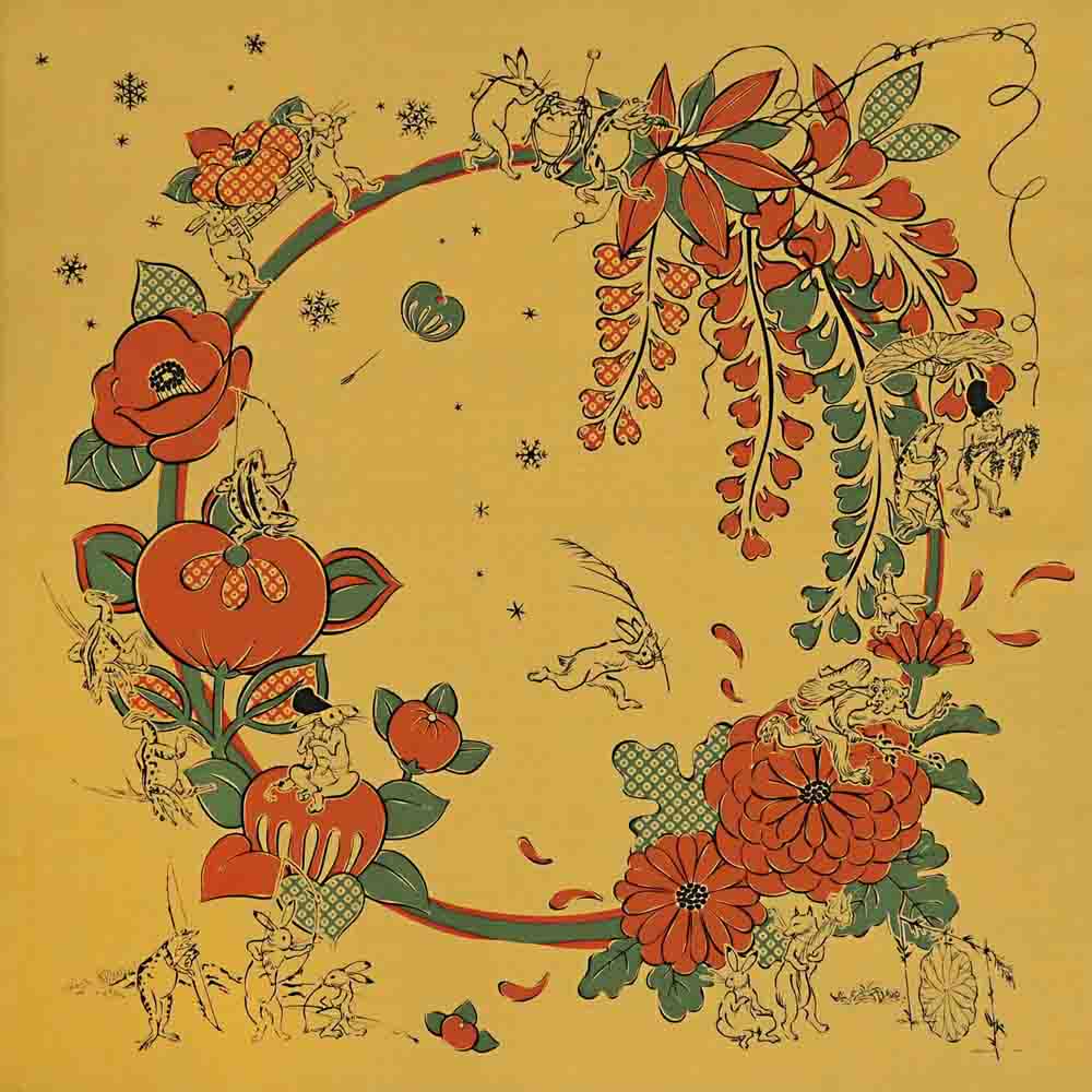 商品名：鳥獣戯画ふろしき　吉祥花暦 品質　　／綿100％（十字ツムギ生地使用） サイズ　／約50cm幅 日本最古の漫画と称される鳥獣戯画。 独特な表現とストーリー性、 またユーモアを感じさせるかわいらしく、 親しみやすいキャラクターは日本国...
