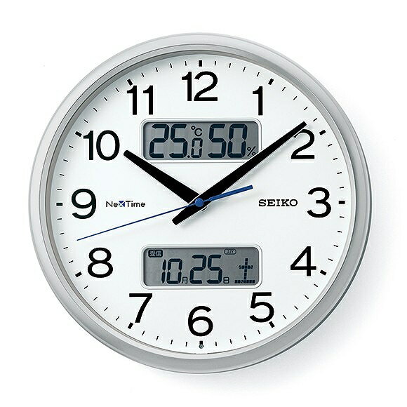 セイコー (SEIKO) ネクスタイム 掛け時計 電波時計 スイープムーブメント アナログ 温度計 湿度計 カレンダー機能 (ZS251S)　のスペックサイズ直径310x48mm 1.2kg素材プラスチック枠 （銀色メタリック塗装 ）前面：...