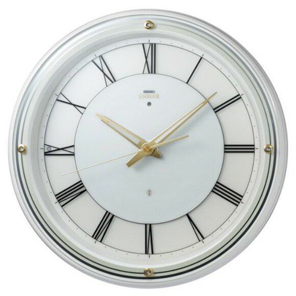 セイコー (SEIKO) EMBLEM 掛け時計 電波時計 おやすみ秒針 スイープ ライト 木枠 HS550W　のスペックサイズ(直径×厚み (cm)) 34.2×5.6素材木枠 （白塗装光沢仕上げ）、前面：カットガラス機能電波修正機能（4...