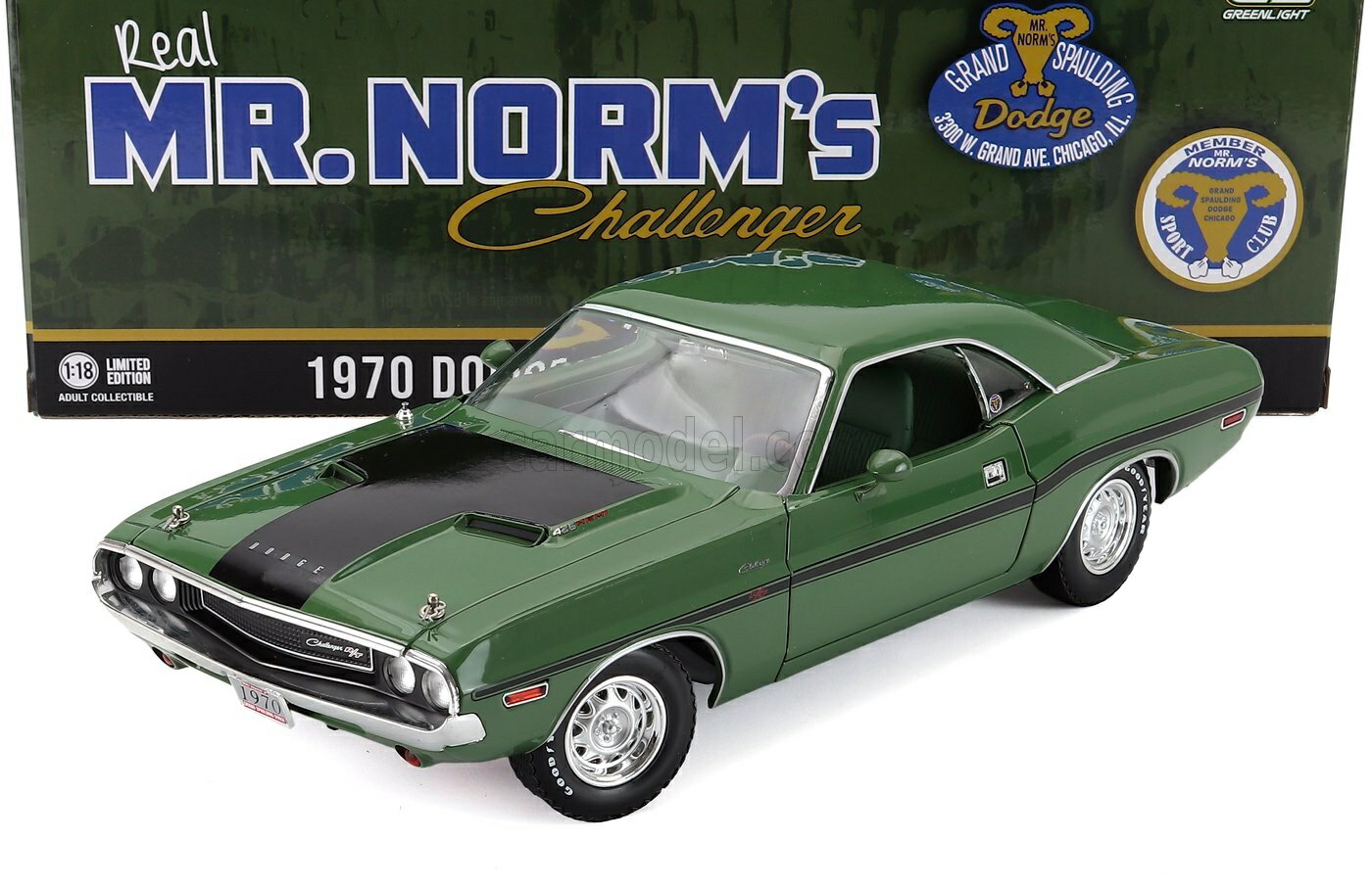 Trademark: GREENLIGHT Brand: DODGE Model: CHALLENGER R/T HEMI COUPE 1970 Scale: 1/18 Manufacturer code: 13700 Colour: GR...