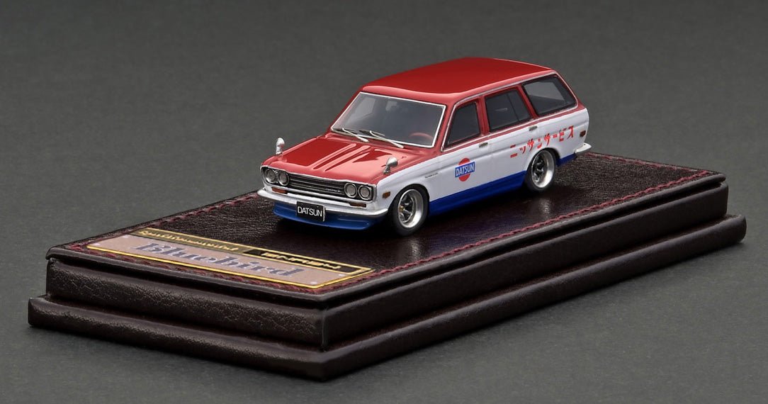 Trademark: IGNITION MODEL Brand: Datsun Model: Datsun Bluebird (510) Wagon Red/White/Blue Scale: 1/64 Manufacturer code:...