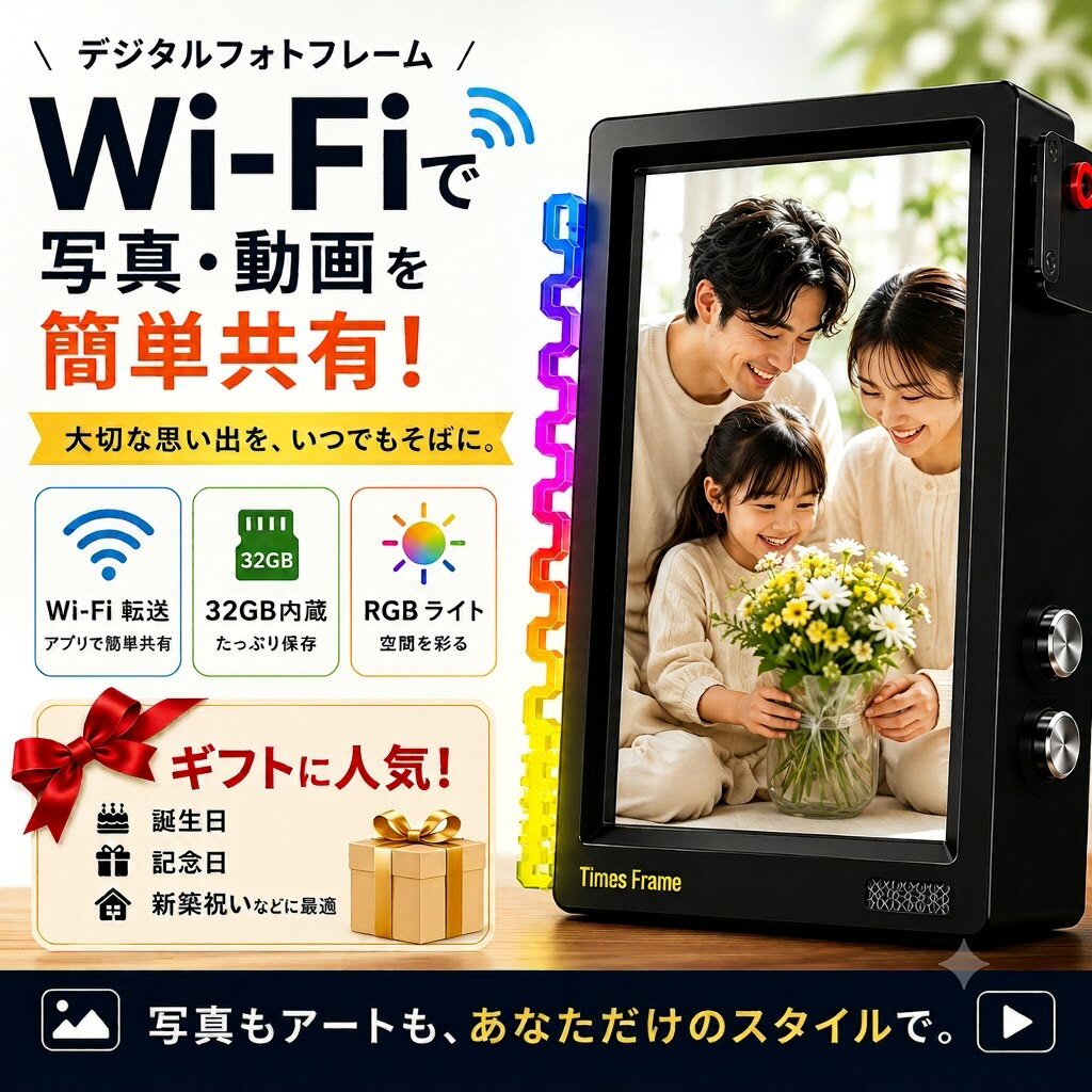 商品情報 商品の説明 【2026新生活・Times Frame】Times Frameは、写真、天気、日付、カレンダー、カウントダウン/カウントアップ、家族からのメッセージ、健康情報、SNSデータなどの日常情報に加え、株価、為替、暗号資産、...