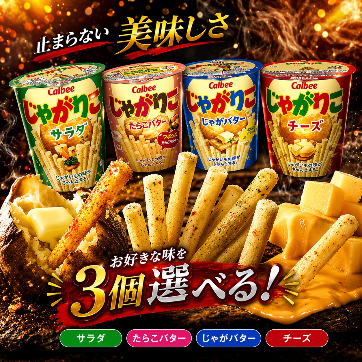 お好きな味3種食べ比べセット！ 定番から人気フレーバーまで楽しめる、じゃがりこ4種類セットです。 「はじめカリッとあとからサクサク」のクセになる食感をぜひご堪能ください。 ■セット内容 サラダ味（57g） たらこバター味（52g） じゃがバ...