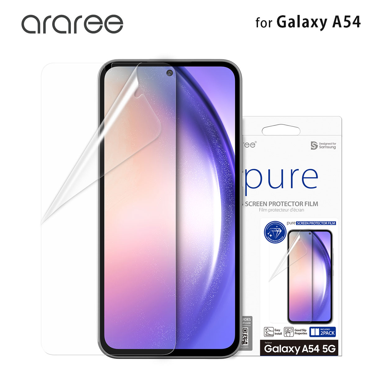■製品情報 ・商品名：Galaxy A54 全画面保護フィルム Pure (2枚入り) クリア ・タイプ：フィルム、保護フィルム ・ブランド：araree（アラリー） ・素材：PET ・発売元：株式会社ロア・インターナショナル（suppor...