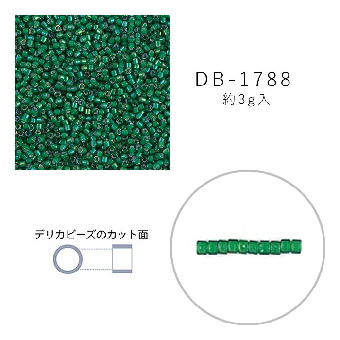商品名：MIYUKI デリカビーズ DB-1788 ダークグリーン中染 3g メール便/宅配便可品　番：db-1788-3gサイズ：11/0 外径:約1.6mm 穴径:約0.8mm素　材：ガラス容量：3g(約600粒)詳　細：【加工の種類】...