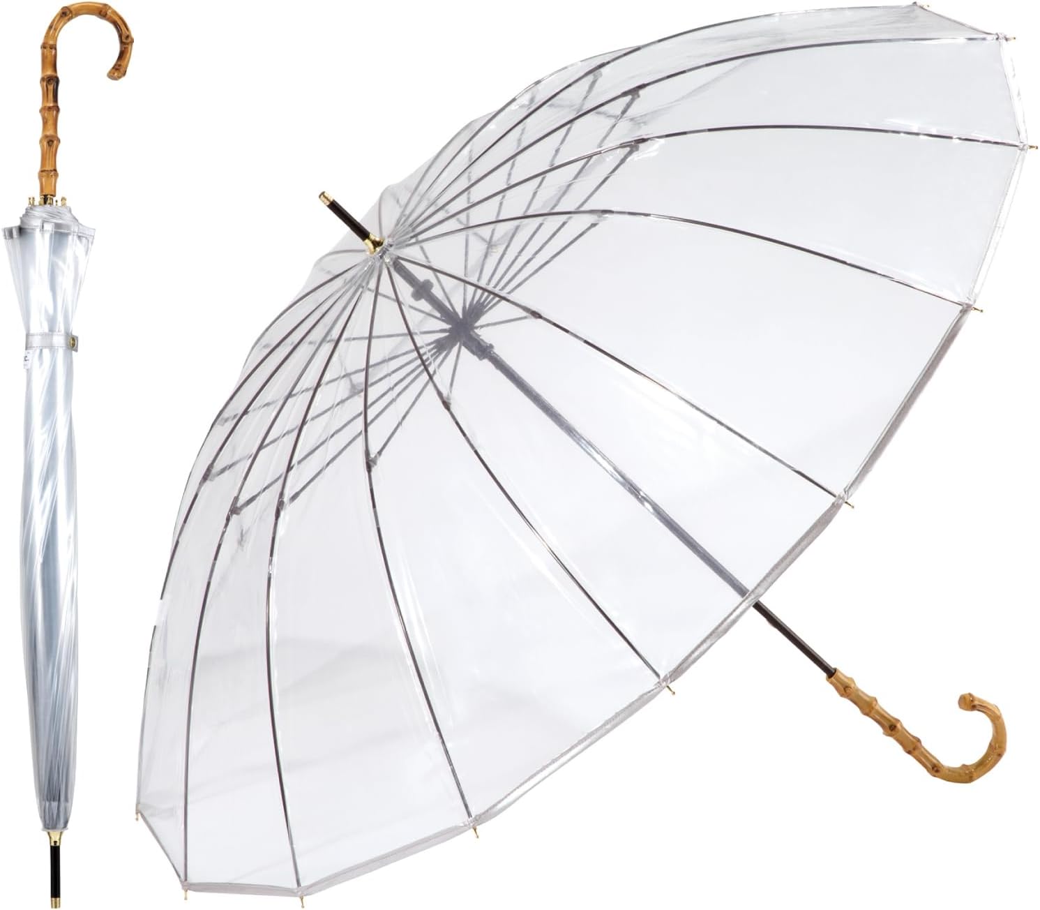 大人気！風に強い16本骨のおしゃれなビニール傘。 節があって持ちやすいバンブーハンドルは、シンプルながらも女性らしい上品な印象を演出します。 【風に強い16本骨】 16本骨傘は骨数が多く幅広で耐風性に優れているのが特徴。 多骨ならではの美し...