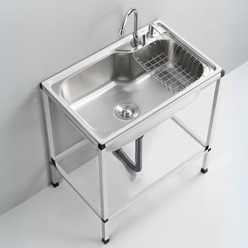 オールステンレス製：腐食や摩耗に強く、長持ちする安心のステンレスを使用し、耐久性に優れています。長さ60×幅45×高さ77cm 安全＆使いやすい設計：排水穴付き、角の丸いデザインで安心して使用可能。 22cmの深型シンク：深さ22cmのシン...