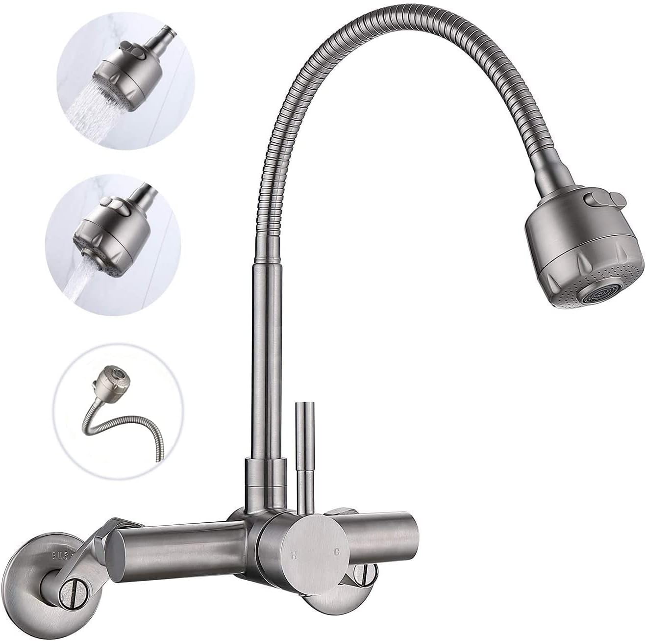 【洗練デザイン】バルブコア素材：セラミックレバーバルブ。本体素材：ステンレス。吐水口素材：高級ABS樹脂。洗練された多用途の壁付水栓、バス/洗面所/キッチンに対応。シルバーの色は空間にアンティーク調を飾れる。キッチンシンクとは最も完璧な組み...