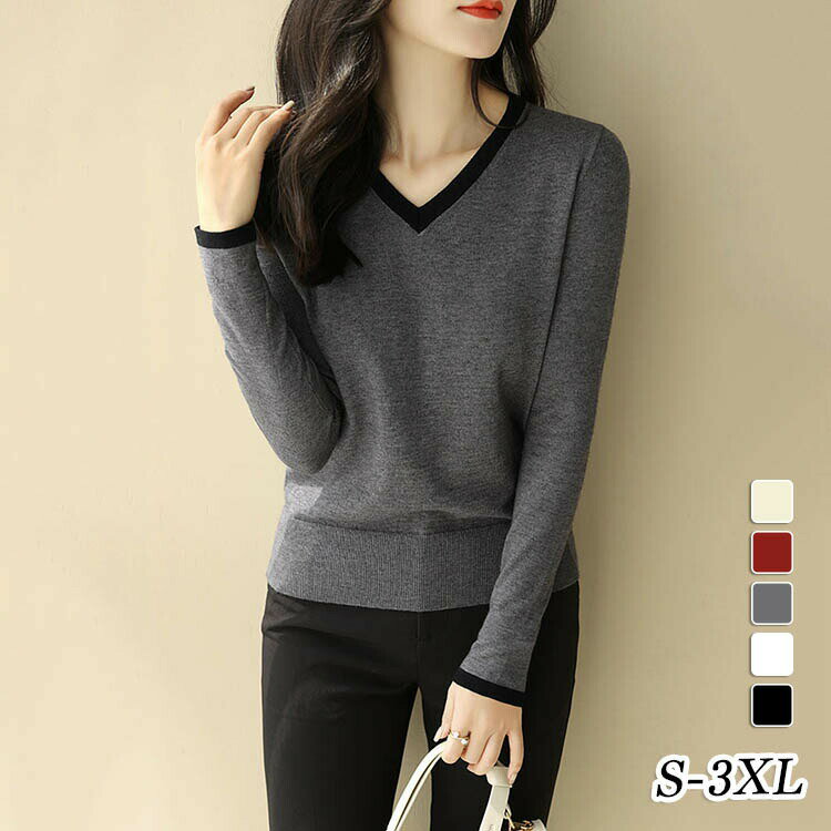 ■商品名ニットトップス レディース Vネック 長袖 ニットセーター 無地 プルオーバー シンプルニット 秋冬 きれいめ■商品コード■カラーホワイト/グレー/ブラック/ベージュ/レッド■実寸約[フリーサイズ]着丈:約57cm 胸囲:約90cm...