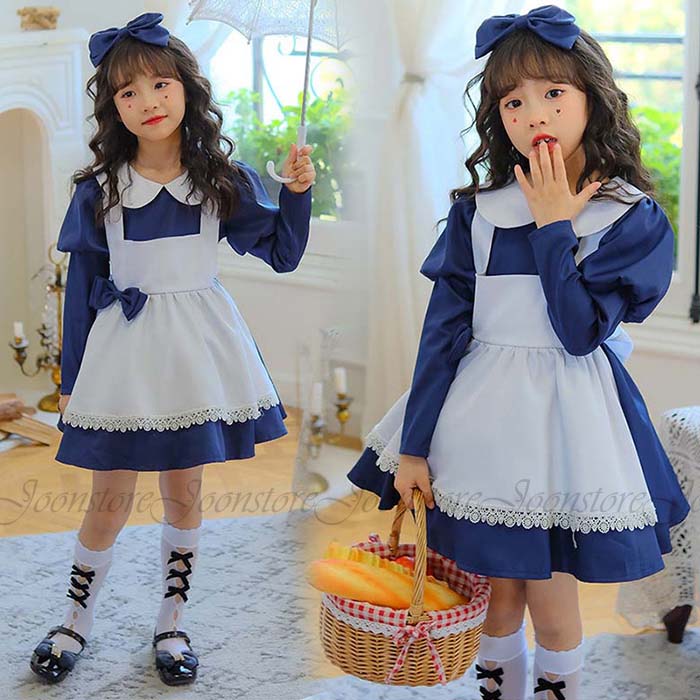 商品 コスプレ衣装内容4点セット/ワンピース+エプロン+髪飾り+リボン*1素材ポリエステルサイズ110cm バスト65cm　ウエスト58cm　袖丈37cm　肩幅25cm　着丈49cm120cm バスト69cm　ウエスト62cm　袖丈39cm...