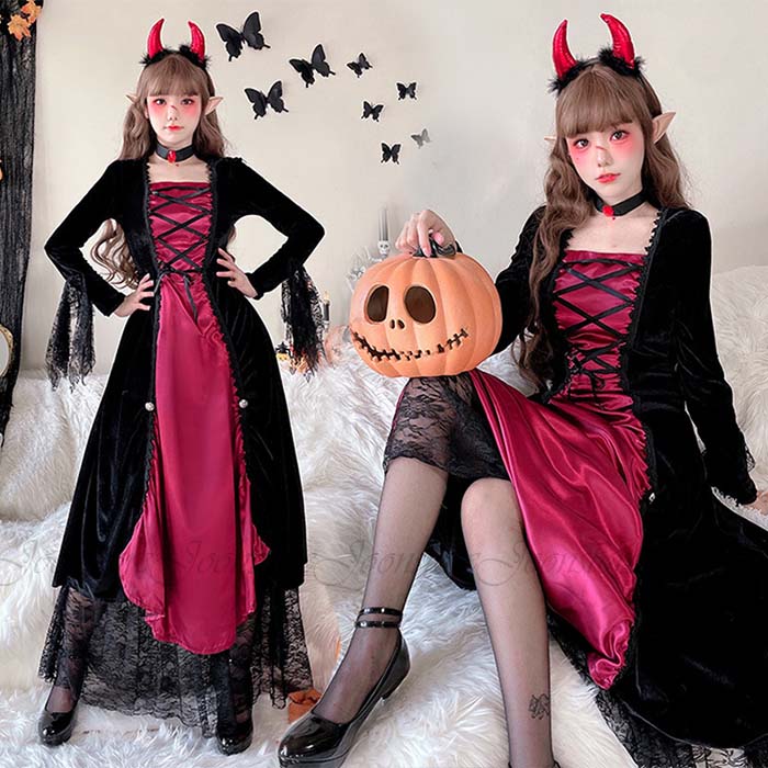 商品 ハロウィン コスプレ衣装素材ポリエステルセットの内容2点セット:ワンピース+チョーカーサイズS　着丈139cm バスト84cm ウエスト70cm M　着丈140cm バスト88cm ウエスト74cm L　着丈141cm バスト92cm...