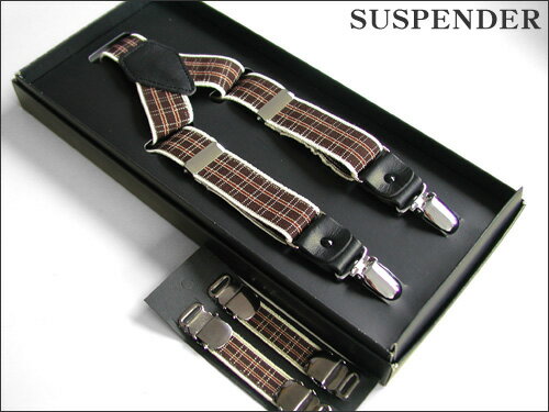 アームベルト付き！ブラウンにオレンジ×生成りのチェック柄のオシャレなクリップ式サスペンダーです。 商品詳細 商品名 アームベルト付きクリップ式サスペンダー 色柄 ベルト:ブラウンにオレンジ×生成りのチェック柄(巾:2.5cm) 金具:シルバ...