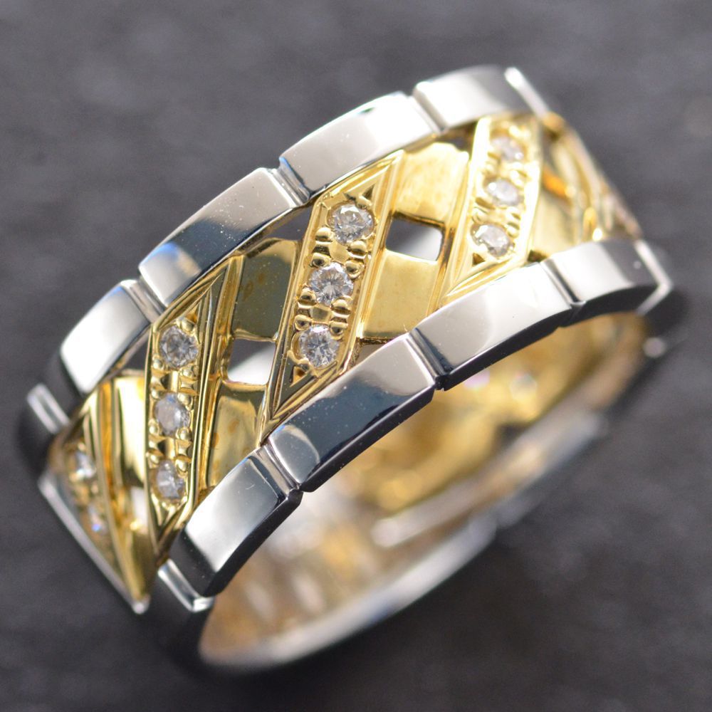 商品番号 DXD00427 使用貴金属 Pt950（プラチナ950）K18(18金イエローゴールド）（刻印有り） 使用石 ダイヤモンド計0.26カラット（刻印有り） 総重量 約12.0g（15号で計量）（手造りの為多少前後致します） サイズ...