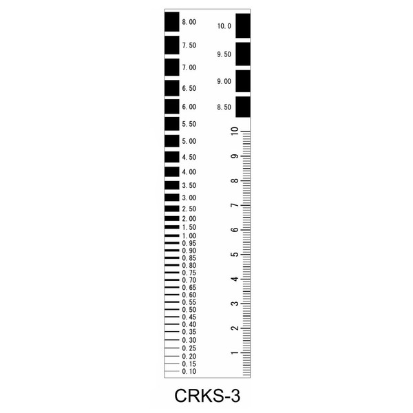 コンクリートクラック寸法を簡単かつ正確に計測する専用スケールです。 ■特長 ●クラックに合わせ易い透明タイプ ●10mmのクラックまで測定可能です。 [仕様] 材質：PETフィルム サイズ：35×150mm 測定目盛：0.10-10.0mm...