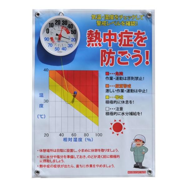 【特徴】 ・現在の温度・湿度を表示できるマグネットピン付き。 ・温湿度計付なので、リアルタイムの状態が分かる。 【仕様】 サイズ:430×600mm 素材:ターポリン 付属品:温湿度計 TM-2680（防雨型・15cm）