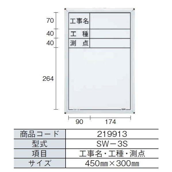 【仕様】 ◆型式：SW-3S ◆項目：工事名・工種・測点 ◆サイズ：450mm×300mm 【付属品】 マーカー（黒）1本、マグネット付ラーフル（サイズ：115×55×20mm）