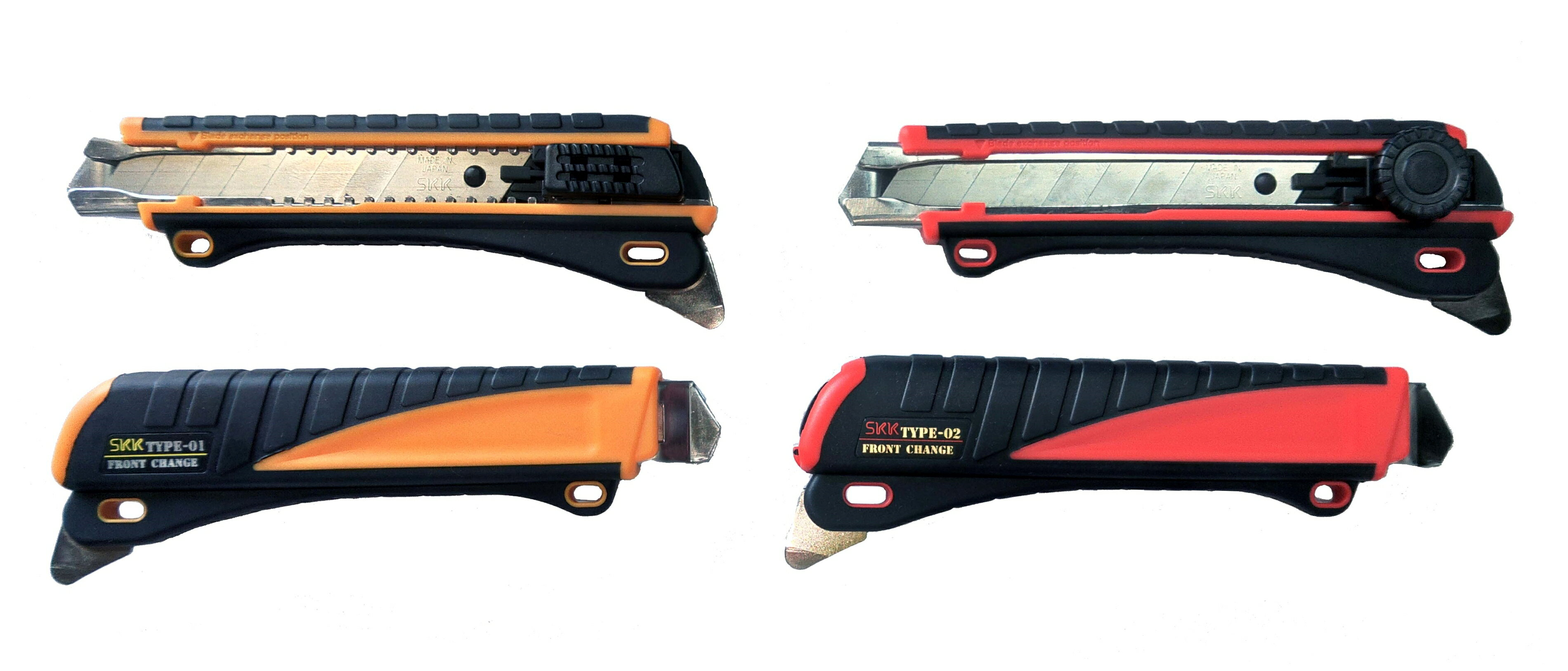 カッターナイフのこれからの新しい形 刃を前から交換するタイプ フロントチェンジ方式 簡単！ 便利！ スピーディに！！ TYPE-01 オートロック 刃交換時にスライダーを引き抜く必要なし TYPE-02 ダイヤルロック 刃交換時のダイヤル回...