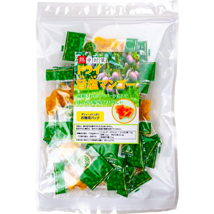 マンゴーの美味しさをぎゅっと閉じ込めました 【特長】 ●マンゴーの甘い香りとジューシーな食感がくせになる ●ミネラルたっぷりの宮古島の塩を使用 【100gあたりの栄養成分】 エネルギー：347kcal たんぱく質：1.5g 脂質：0.2g ...